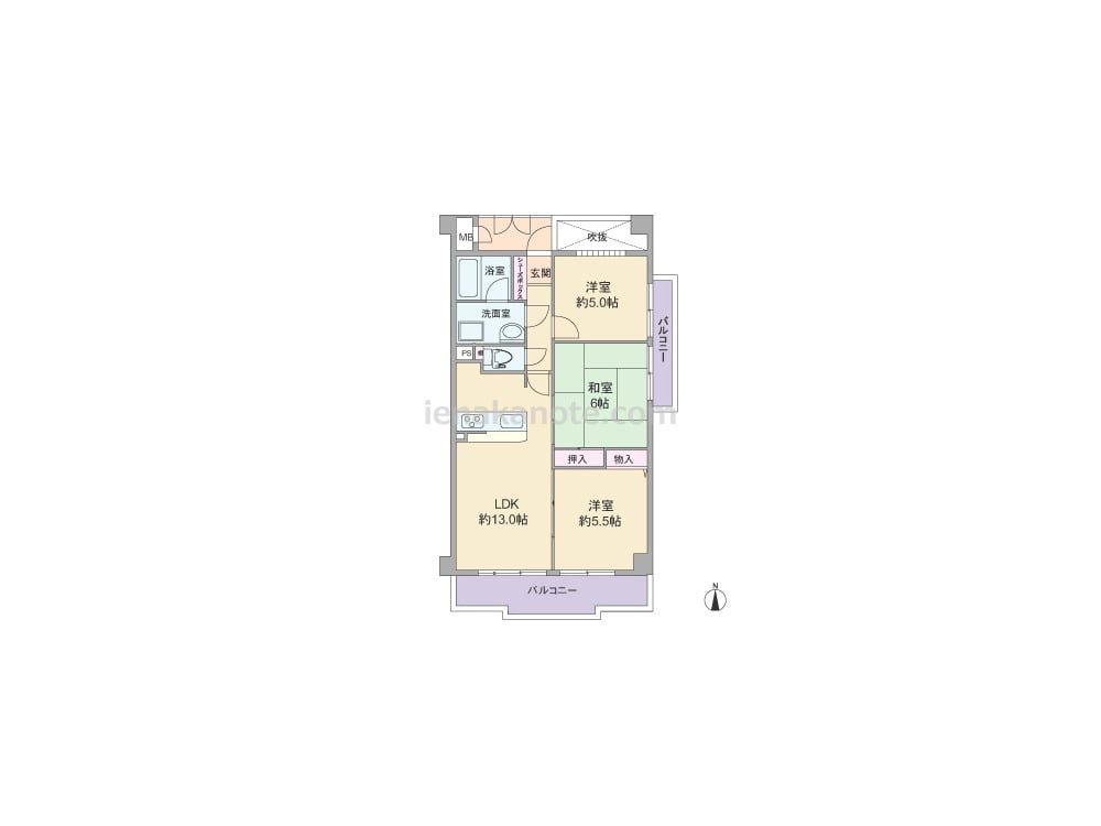 63.72平米の3LDKの間取り（6254） - イエナカ手帖